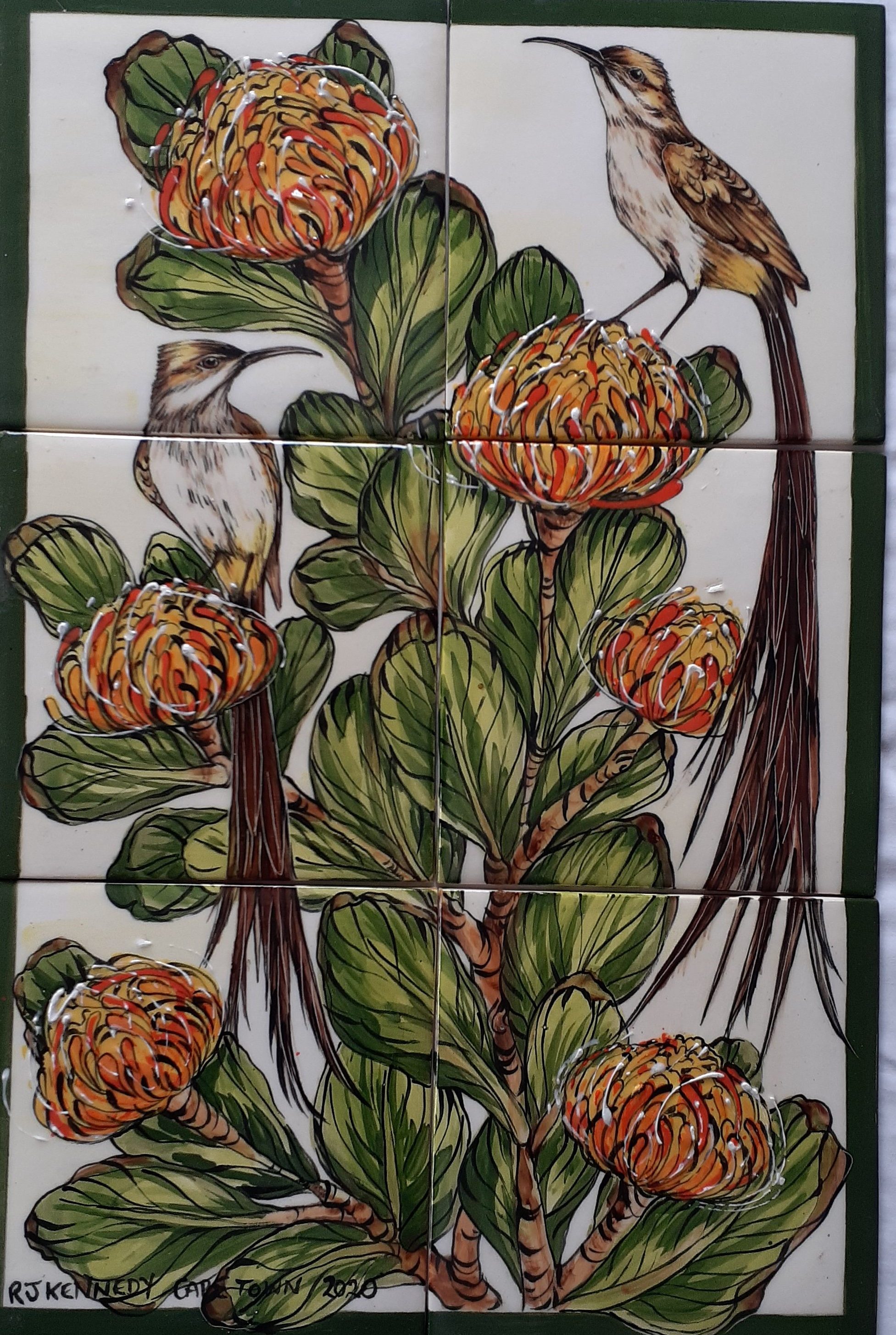 6 tile panel; sugarbirds on pincushion proteas; 30x45cm | Handmade Wash ...